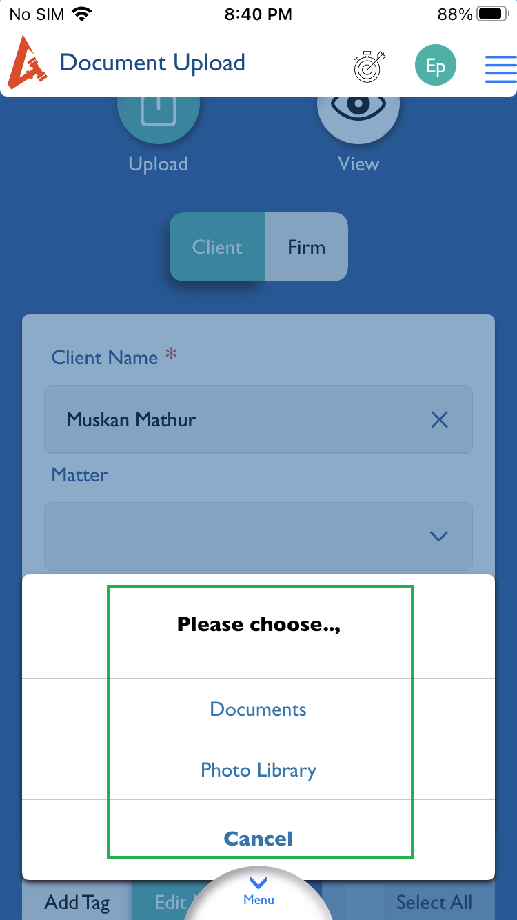 Bug #3203: Document Upload - Client /Firm Documents - Browse docs - Only Photo Library option is ...