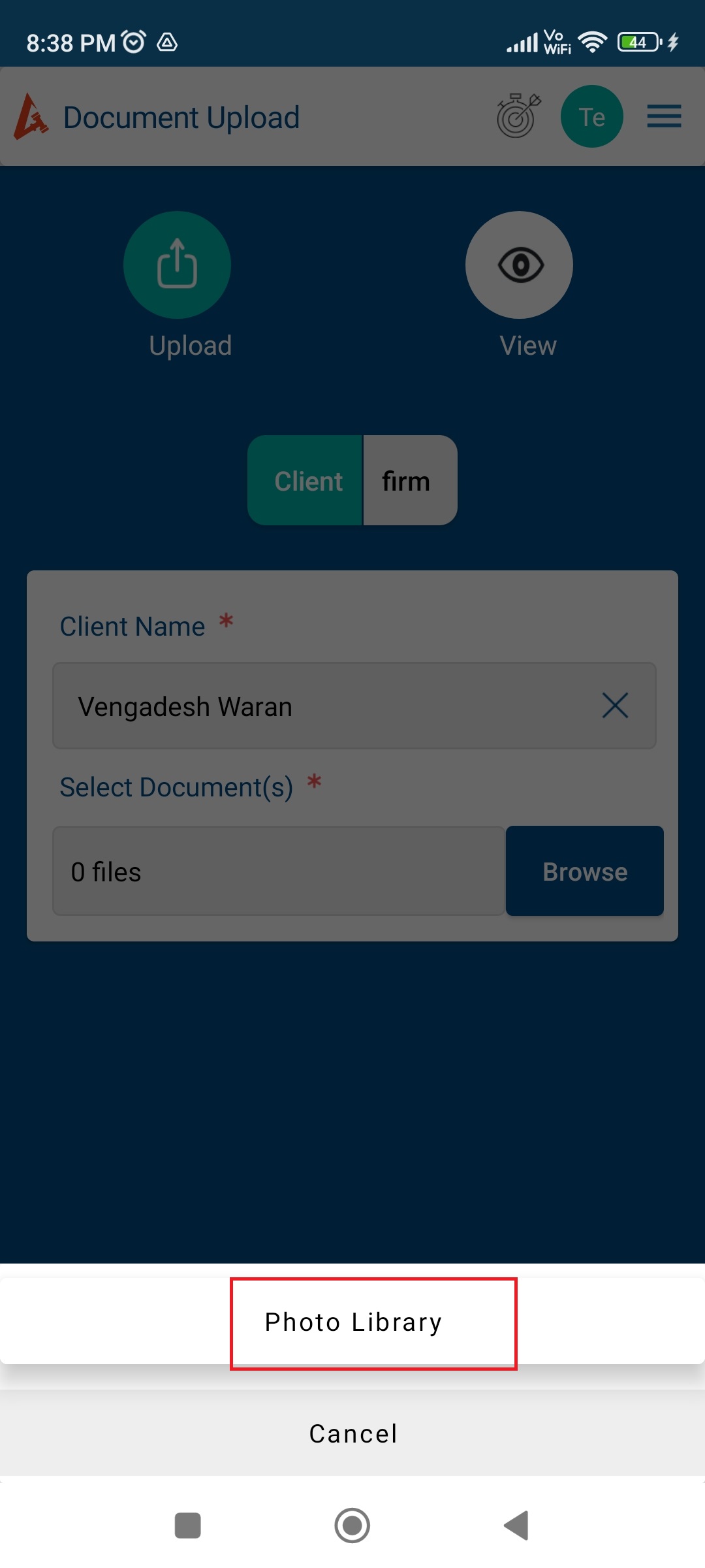 Bug #3203: Document Upload - Client /Firm Documents - Browse docs - Only Photo Library option is ...